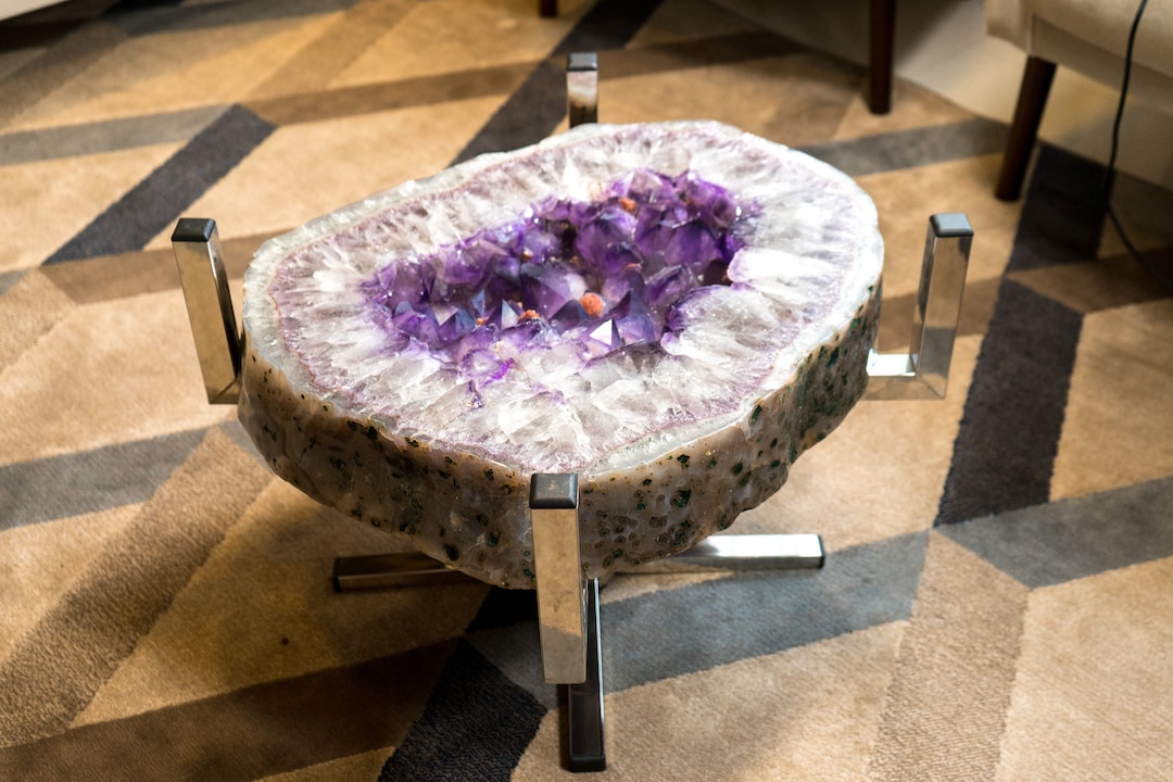 Purple Amethyst Geode Coffee Table on Handmade Stainless Steel Base ...