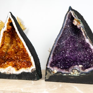 Pair of Book-matching Amethyst and Citrine Cathedral Geodes With Shiny ...