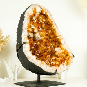 Large Rich Yellow Citrine Geode on Stand With a Delicate Calcite Flower ...