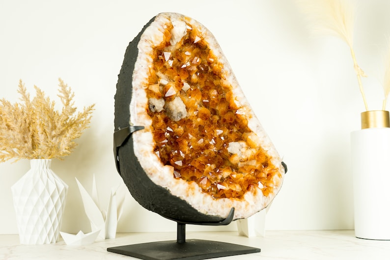 Large Rich Yellow Citrine Geode on Stand With a Delicate Calcite Flower ...