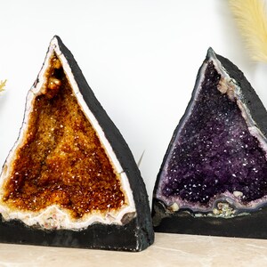 Pair of Book-matching Amethyst and Citrine Cathedral Geodes With Shiny ...