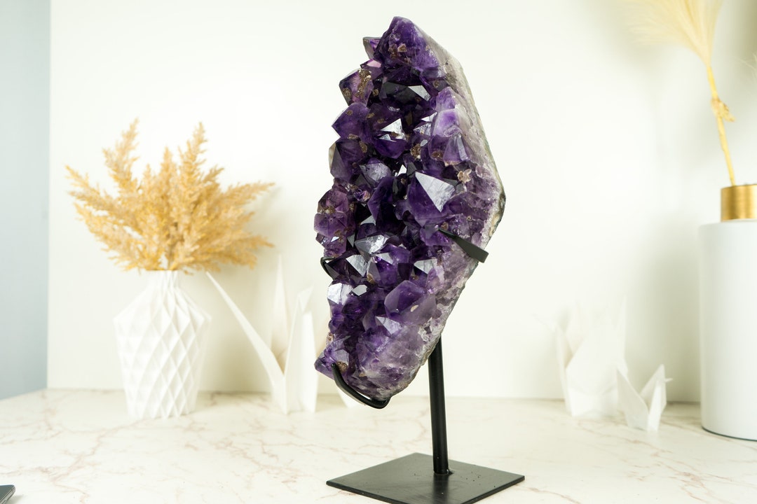 Tall Amethyst Cluster With AAA Large Purple Amethyst Druzy and Golden ...