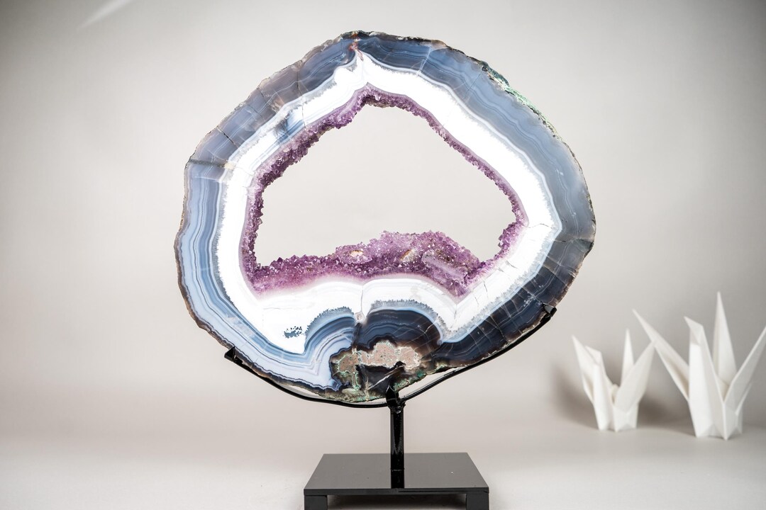 Rare Blue & White Lace Agate Geode Slice With Lavender Amethyst Druzy ...