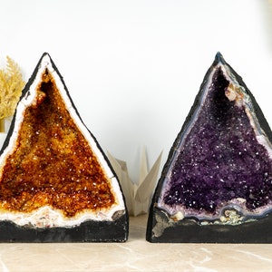 Pair of Book-matching Amethyst and Citrine Cathedral Geodes With Shiny ...
