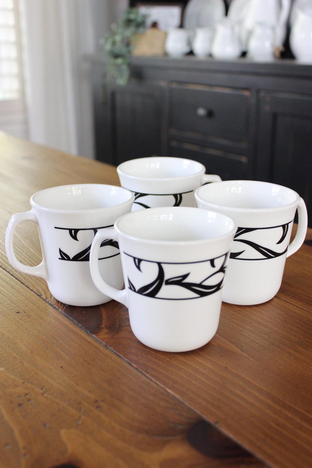 Vintage Corelle Lyrics Black & White Glass Coffee Mugs by Corning Set ...