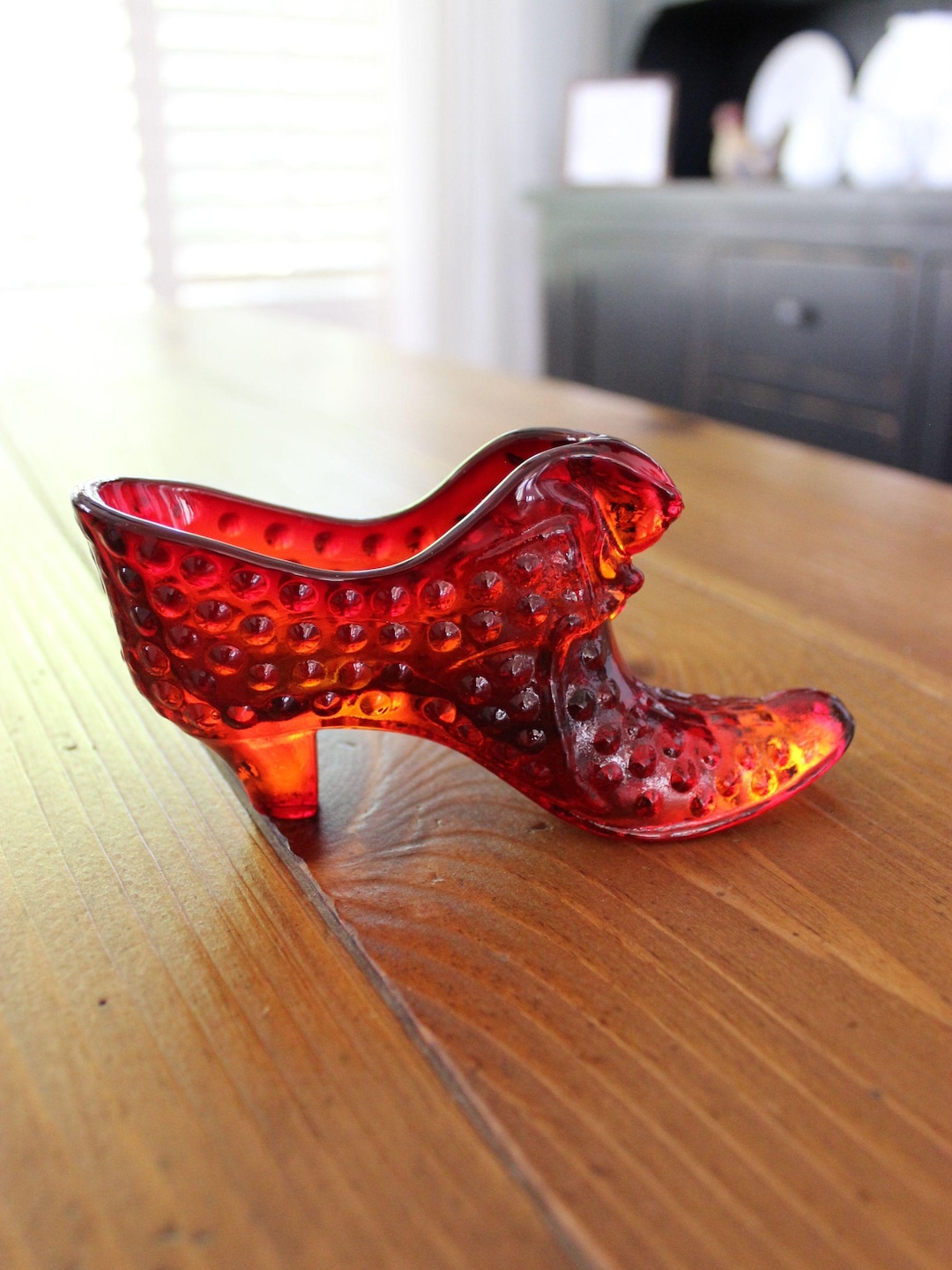 Vintage Fenton Red Glass Slipper - Amberina Hobnail Glass Shoe Figurine ...