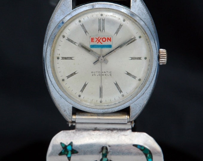 1960s EXXON 25 Jewel Automatic Sterling Silver Turquoise Inlay Thunder ...