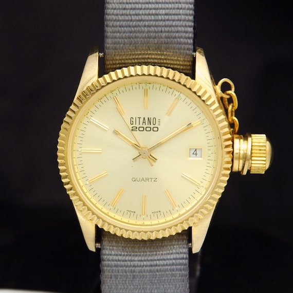 1980s GITANO 2000 GOLD Canteen Japan Quartz WATCH 35m… - Gem