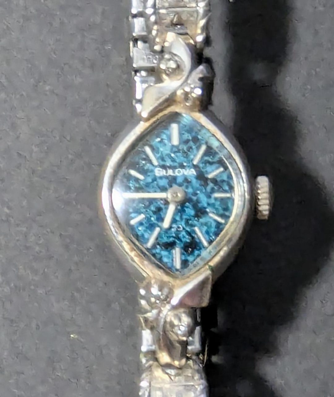 1970s BULOVA Ladies Diamond Windup WATCH Marble Blue Dial 15mm ...