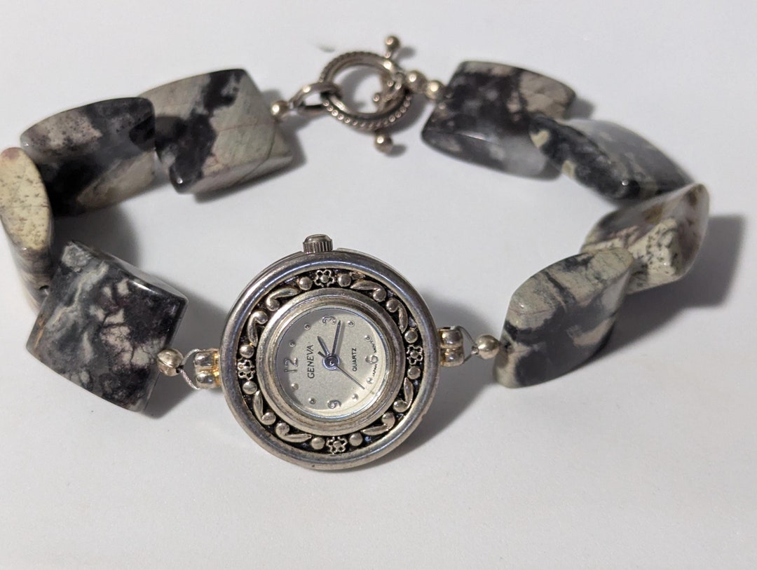GENEVA Ladies SILVER WATCH Natural Stone Gem Bead Bracelet Band 26mm ...
