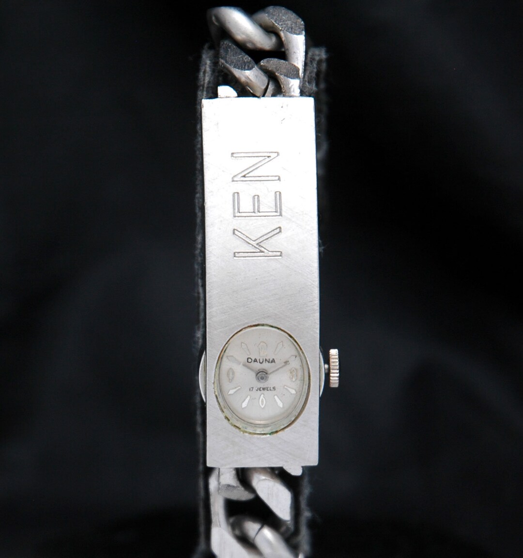 1960s KEN Dauna Windup Cuban Link ID Bracelet WATCH 15mm Wristwatch ...
