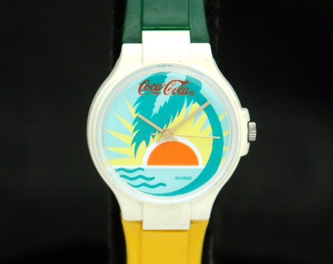 Vintage COCA-COLA Swiss Swatch Watch 26mm Ladies 1980s Sunset Palm ...