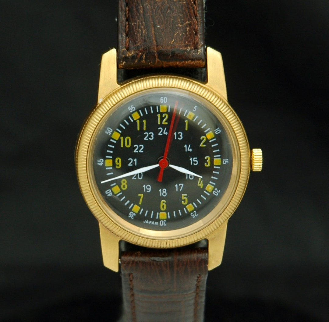 MILITARY Type A-D Mil-w-6433 GOLD Japan Quartz WATCH 32mm Vintage 24 ...
