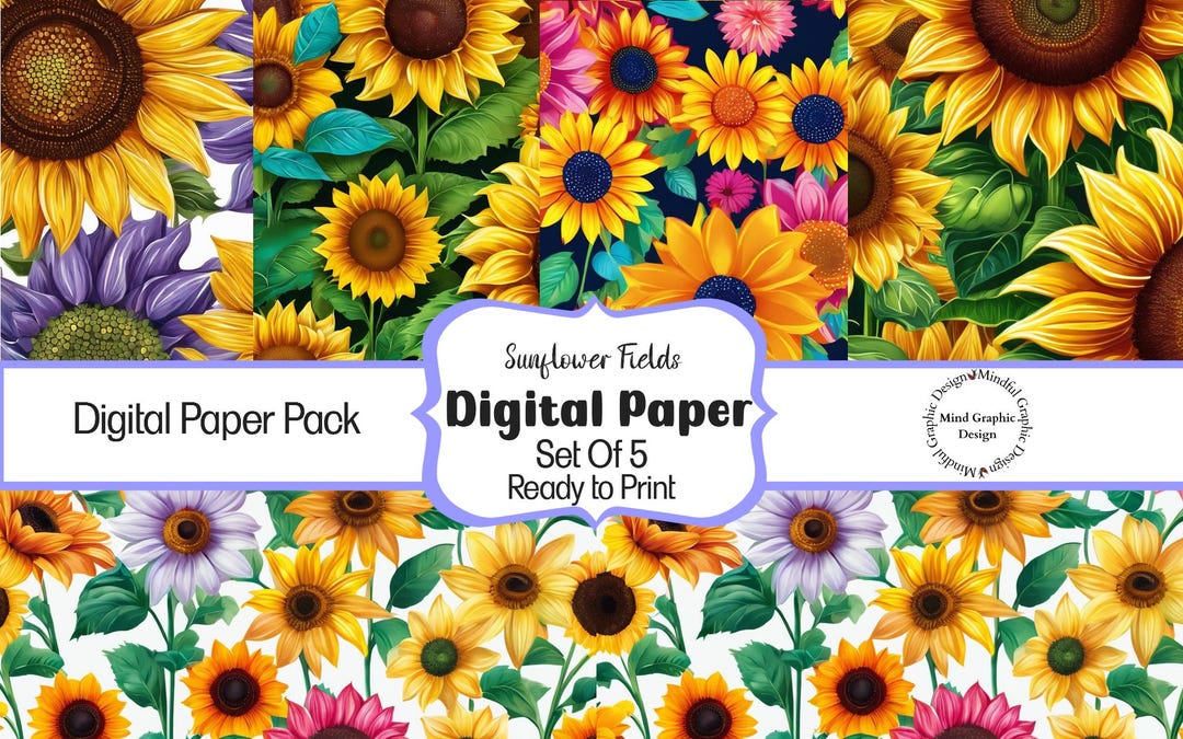 Sunflower Fields Digital Paper Pack: Seamless Scrapbook Backgrounds ...