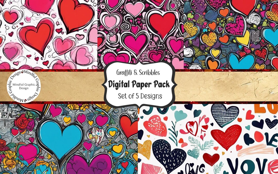 Heart Graffiti Digital Paper Pack: Valentine's Day Scrapbook (digital ...