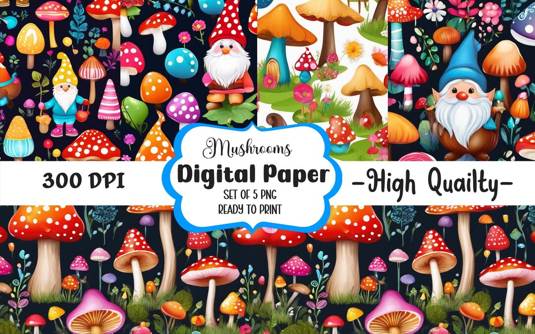 Seamless Paper Pattern, Mushroom and Gnome, Digital Paper Pack, Digital ...