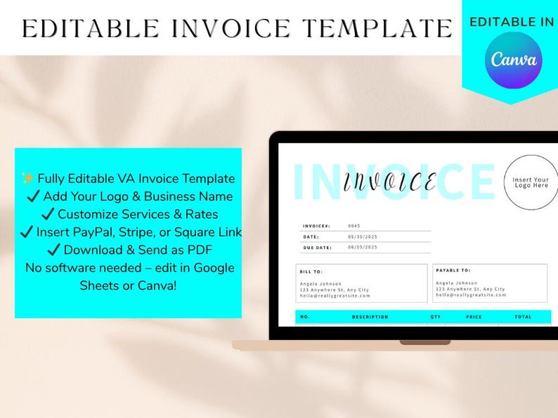 Professional VA Invoice Template | Editable Canva for Virtual ...