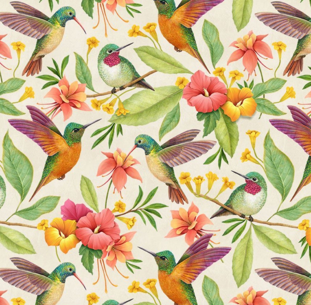 Hummingbird and Tropical Flowers in Cream - Rosie Dore for Timeless ...