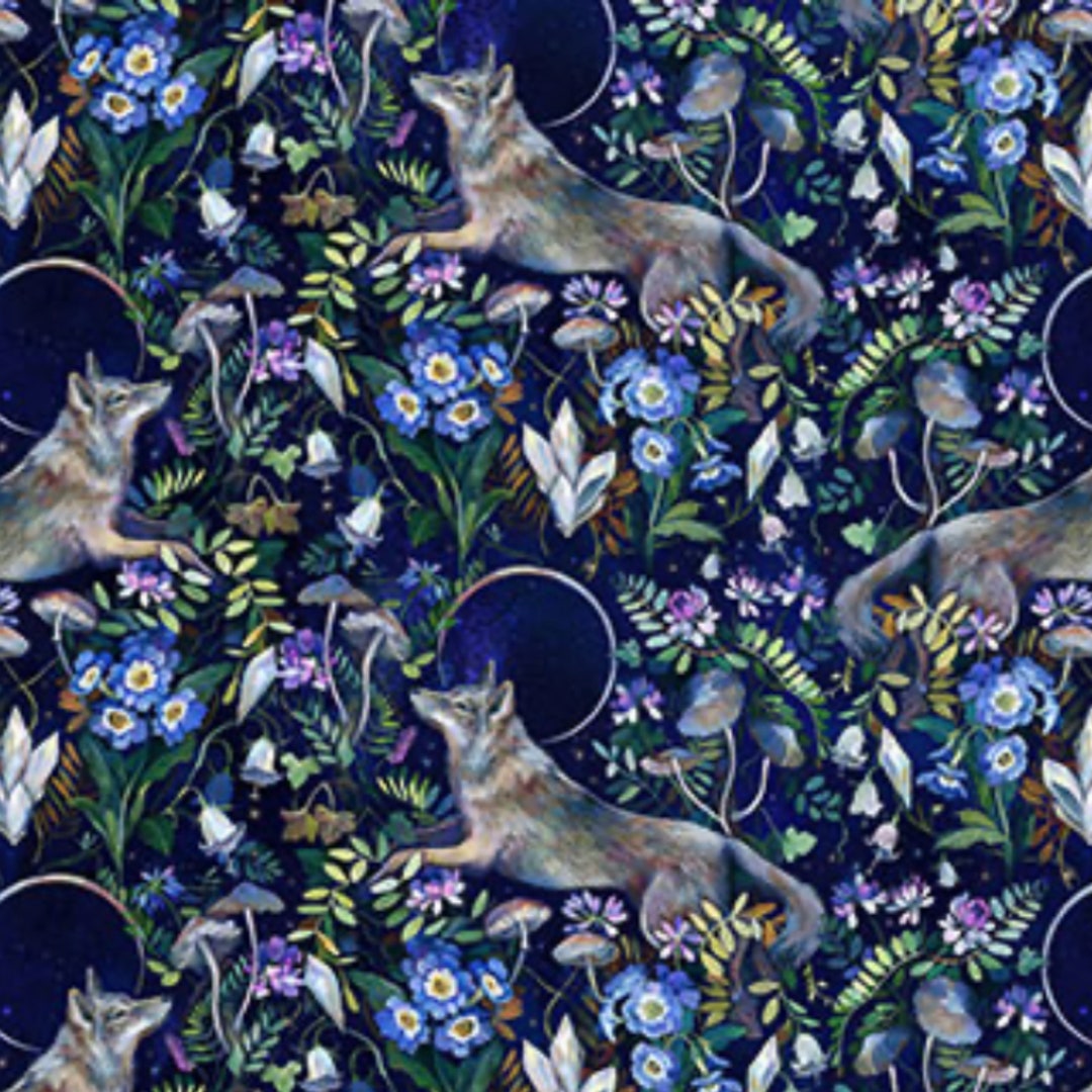 Wolves Fabric - Floral on Navy - Full Moon Collection - Figo Fabrics ...