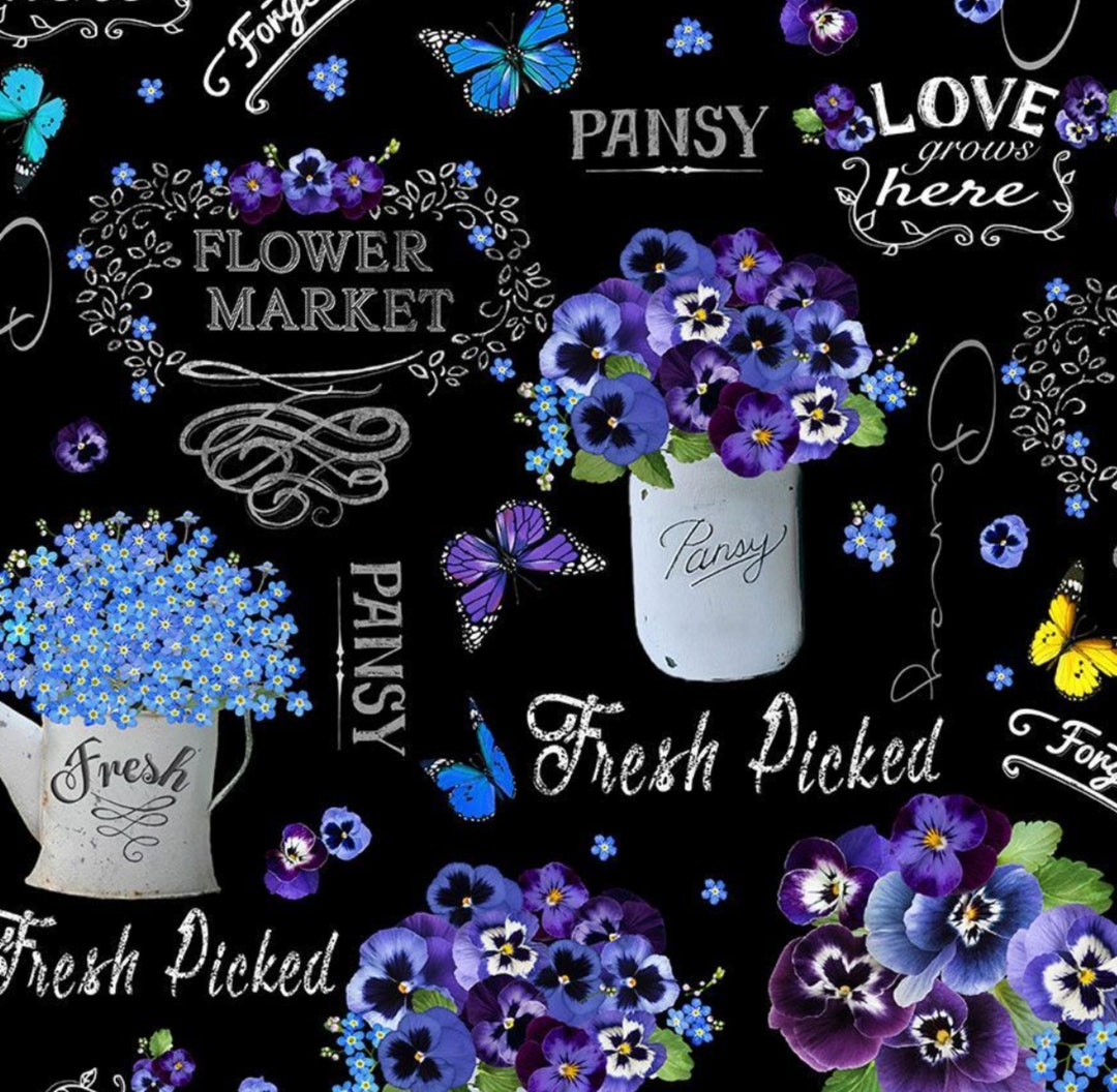Pansy Vase and Words | Pansy Cotton Fabric | Pansy Paradise Collection ...