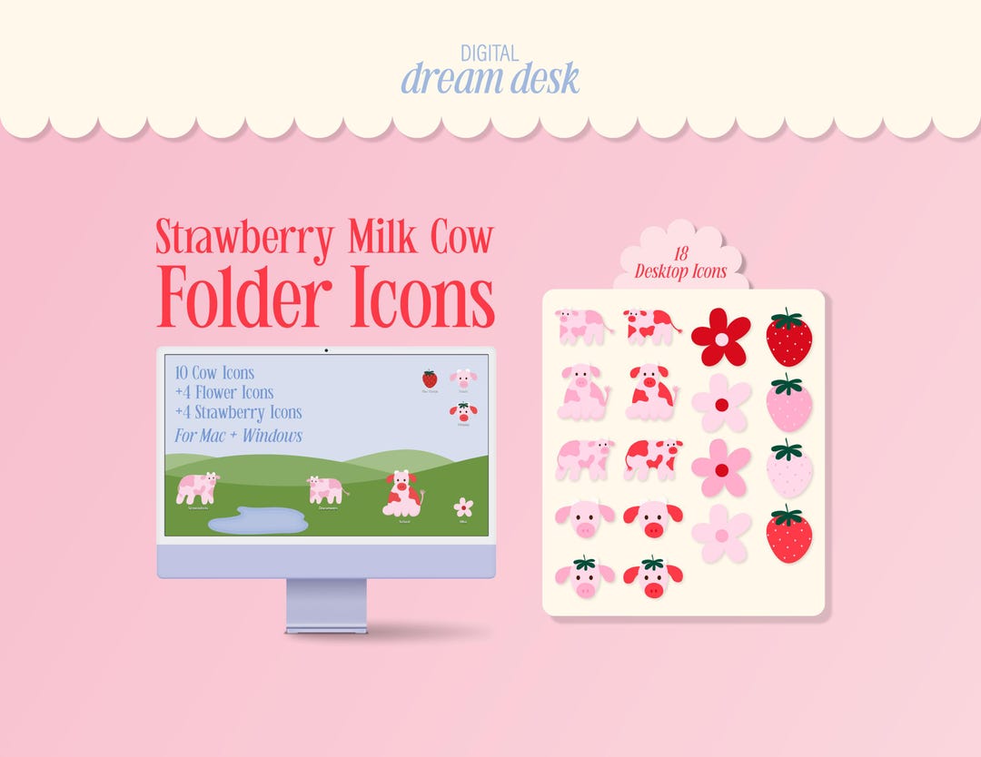 18 Strawberry Milk Cow Mac Desktop File Icons | Apple MacBook + Windows ...