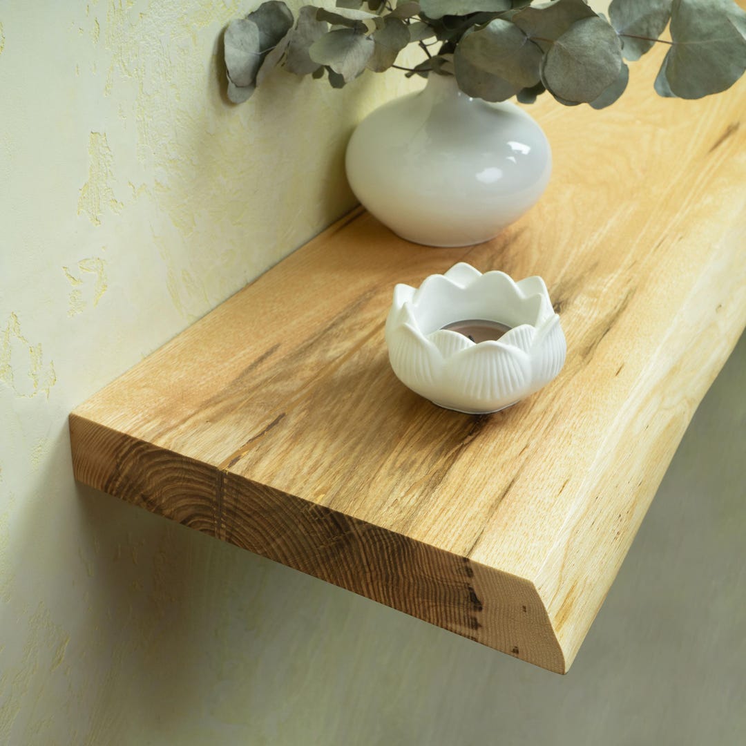 Oak Wood Ash Floating Shelves, Heavy Duty Wooden Shelf With Live Edge ...