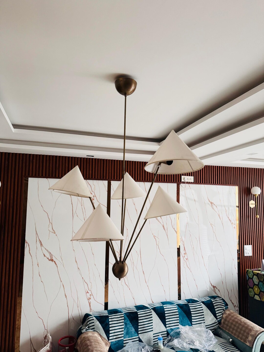 5 Arms Beautiful Hand Crafted Brass Sputnik Chandelier Modern Linen ...