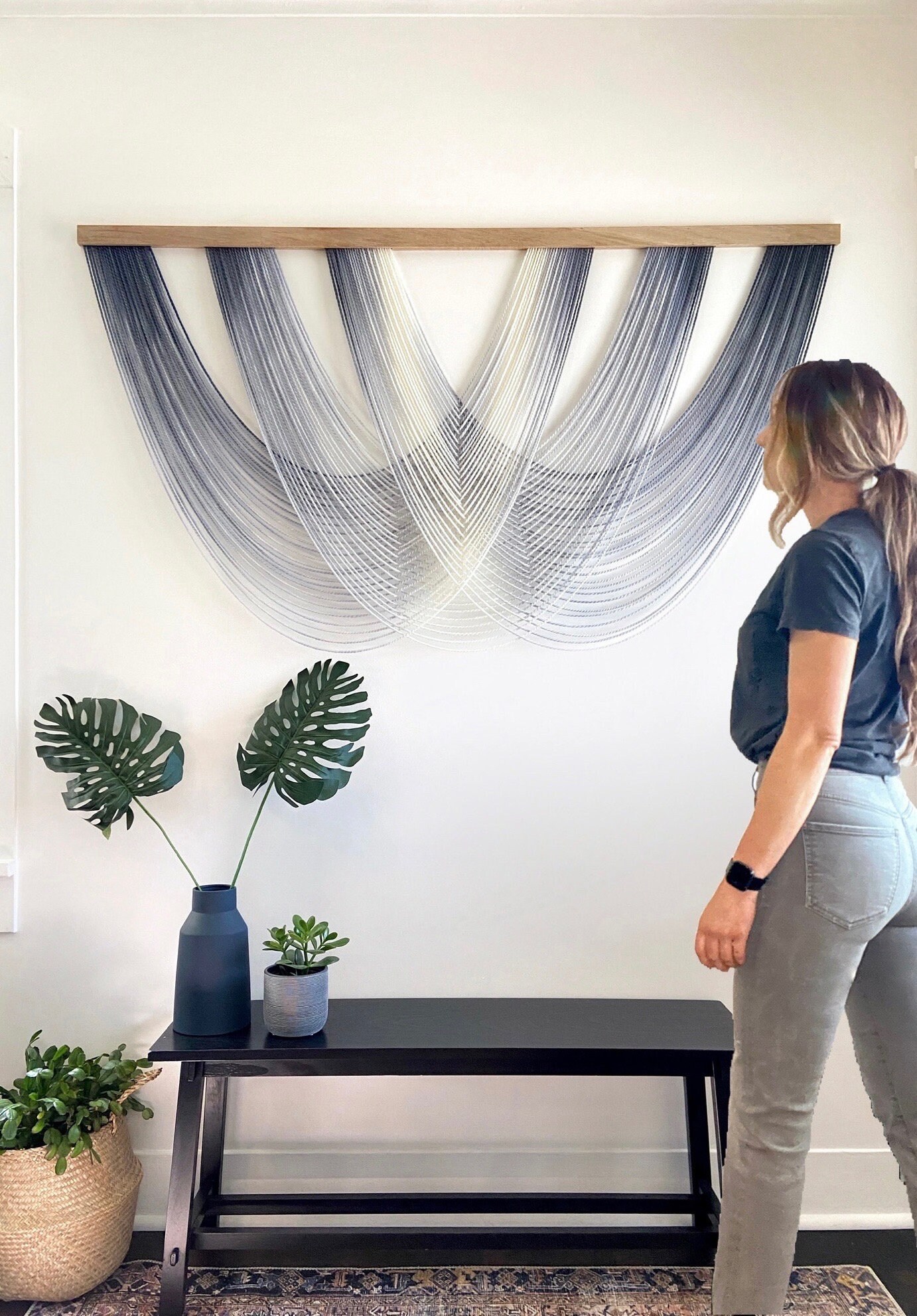 Large Blue/gray Boho Wall Tapestry, Fiber Art Wall Hanging, Dip Dyed ...