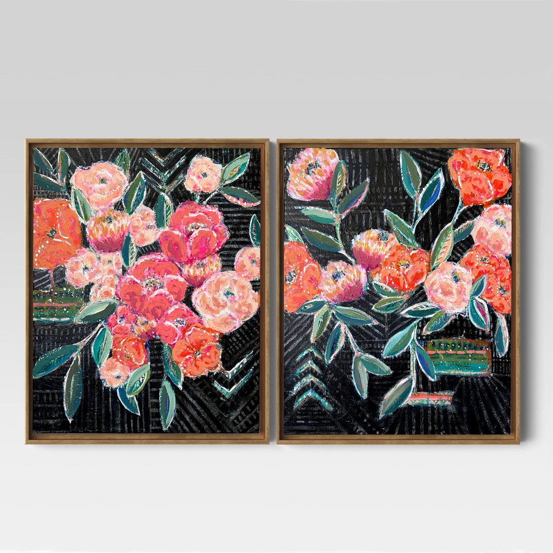 Diptych Abstract Flowers Original Canvas Painting - Geometric Line ...
