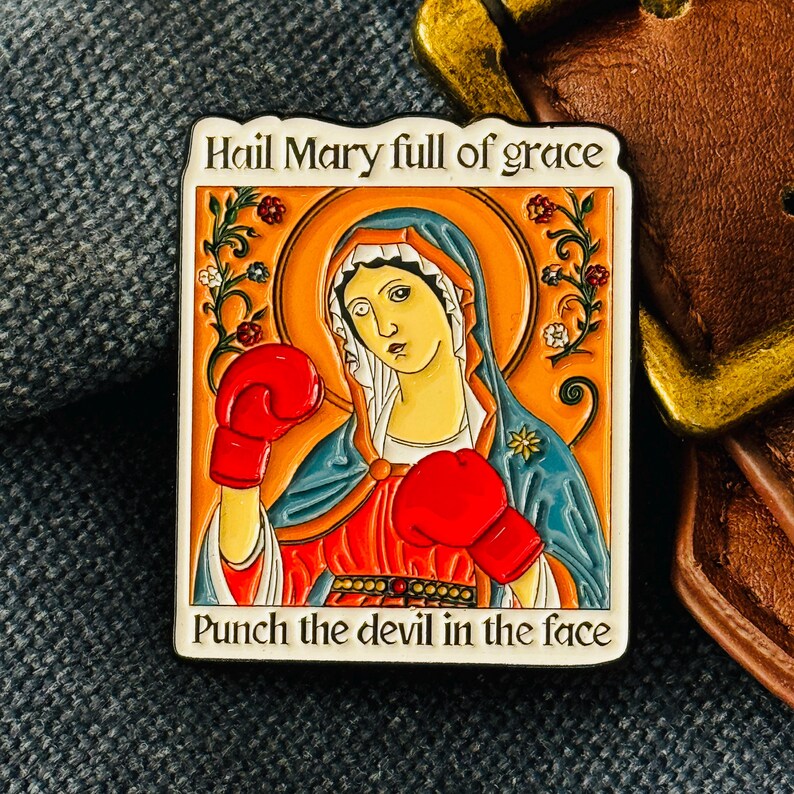 Hail Mary Punch the Devil Enamel Pin – Boxing Virgin Mary Lapel Pin ...