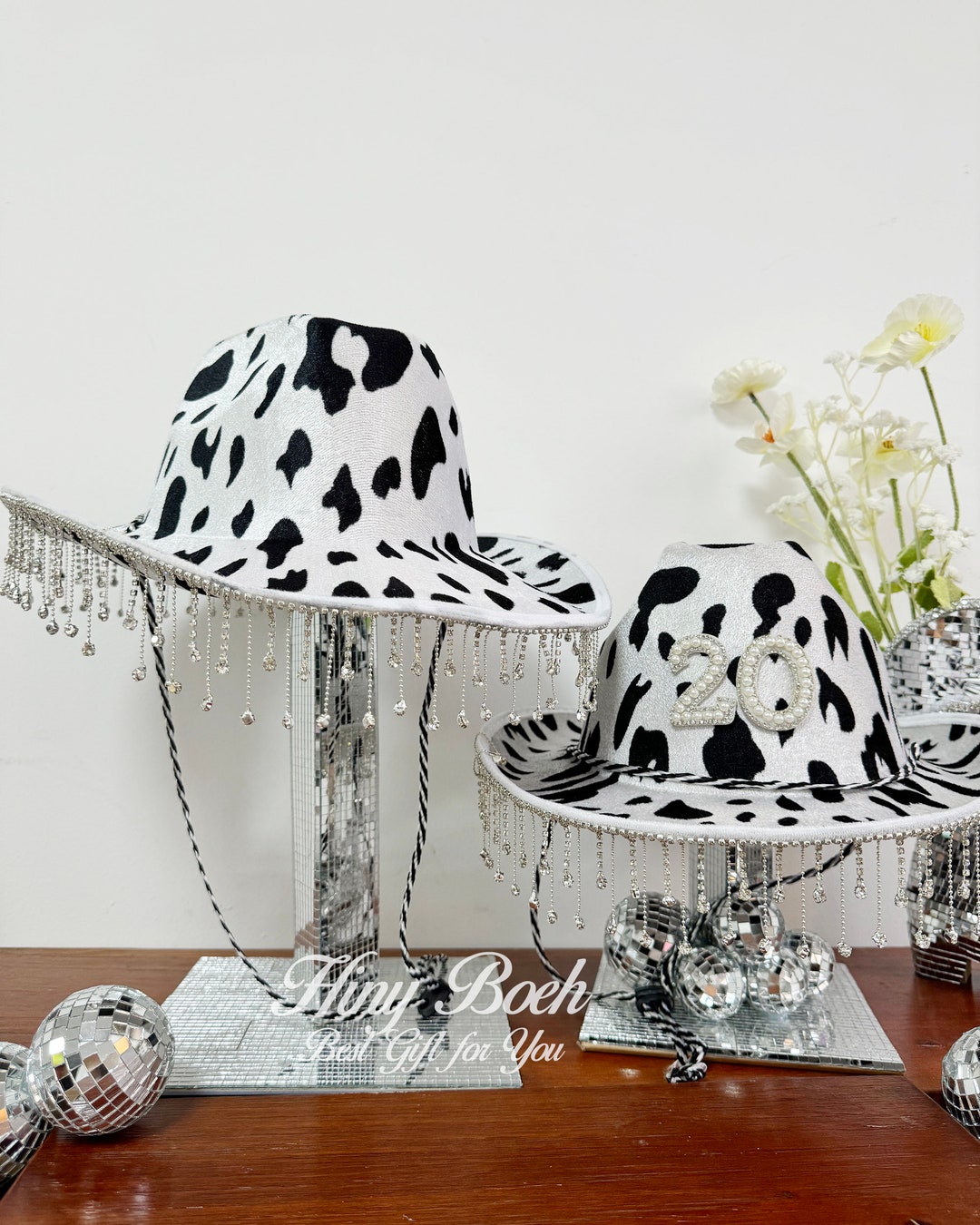 Personalized Name Cow Print Cowboy Hat With Diamond Fringe ...