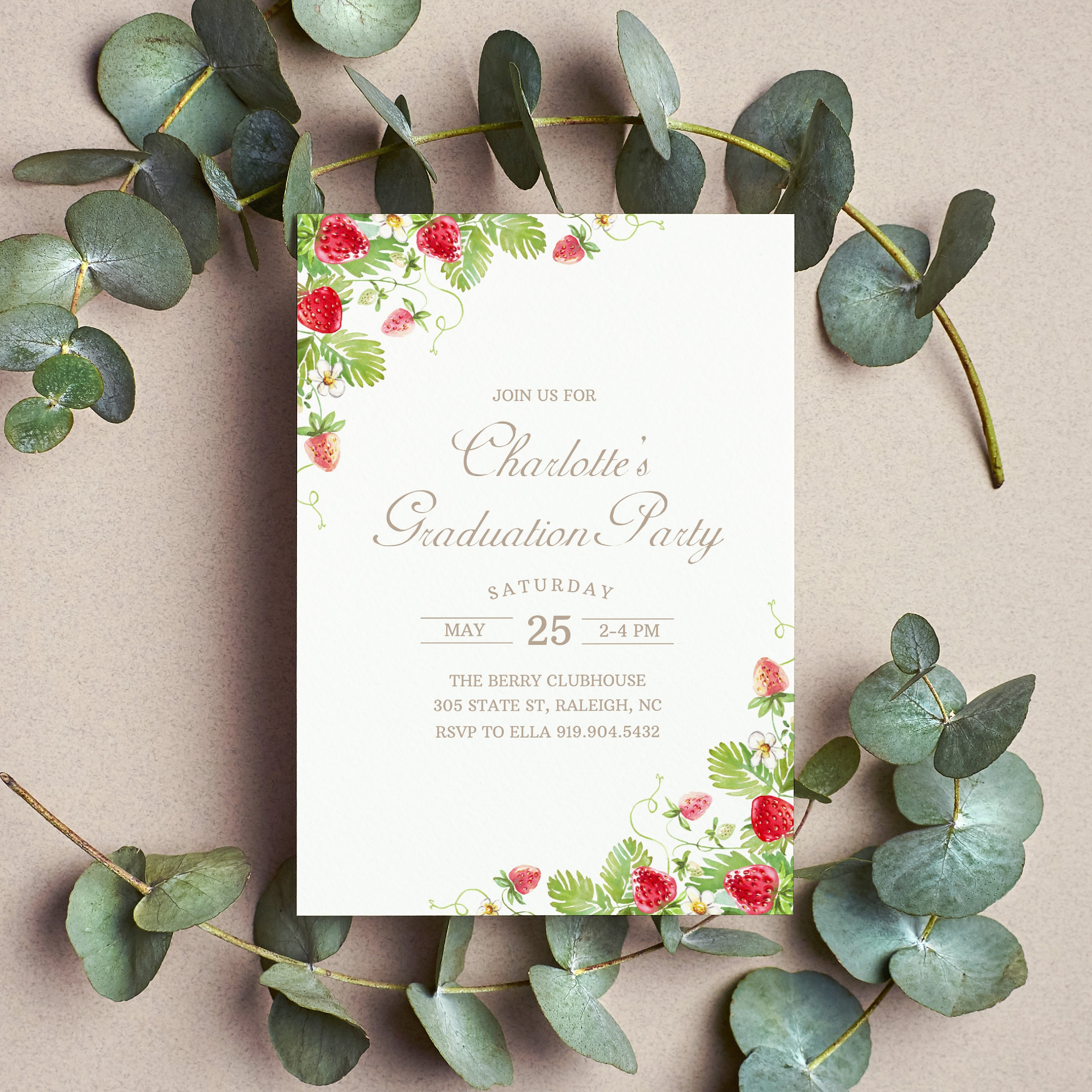Girl Graduation Party Invitation, Strawberry Graduation Invite, College ...