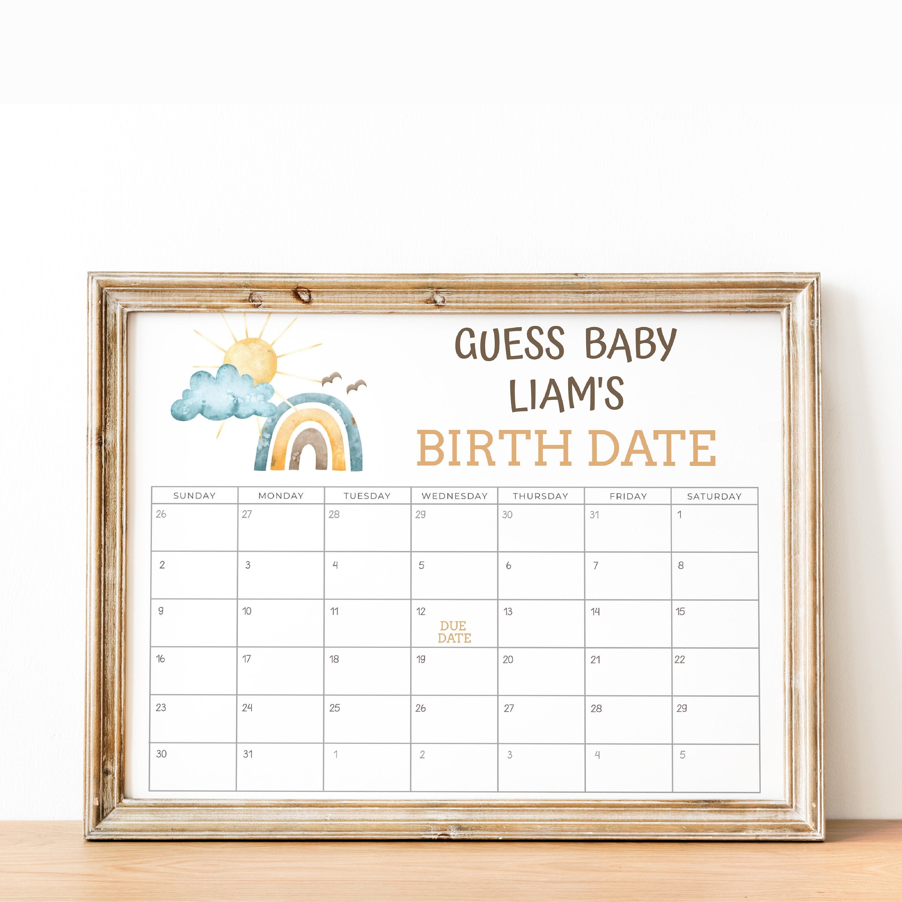 Guess the Due Date Calendar Game Here Comes the Son Rainbow Baby Shower ...