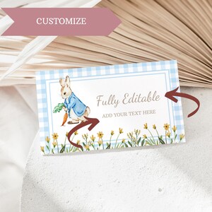 Peter Rabbit Food Label Blue Rabbit Place Card Boy Baby Shower Tent ...