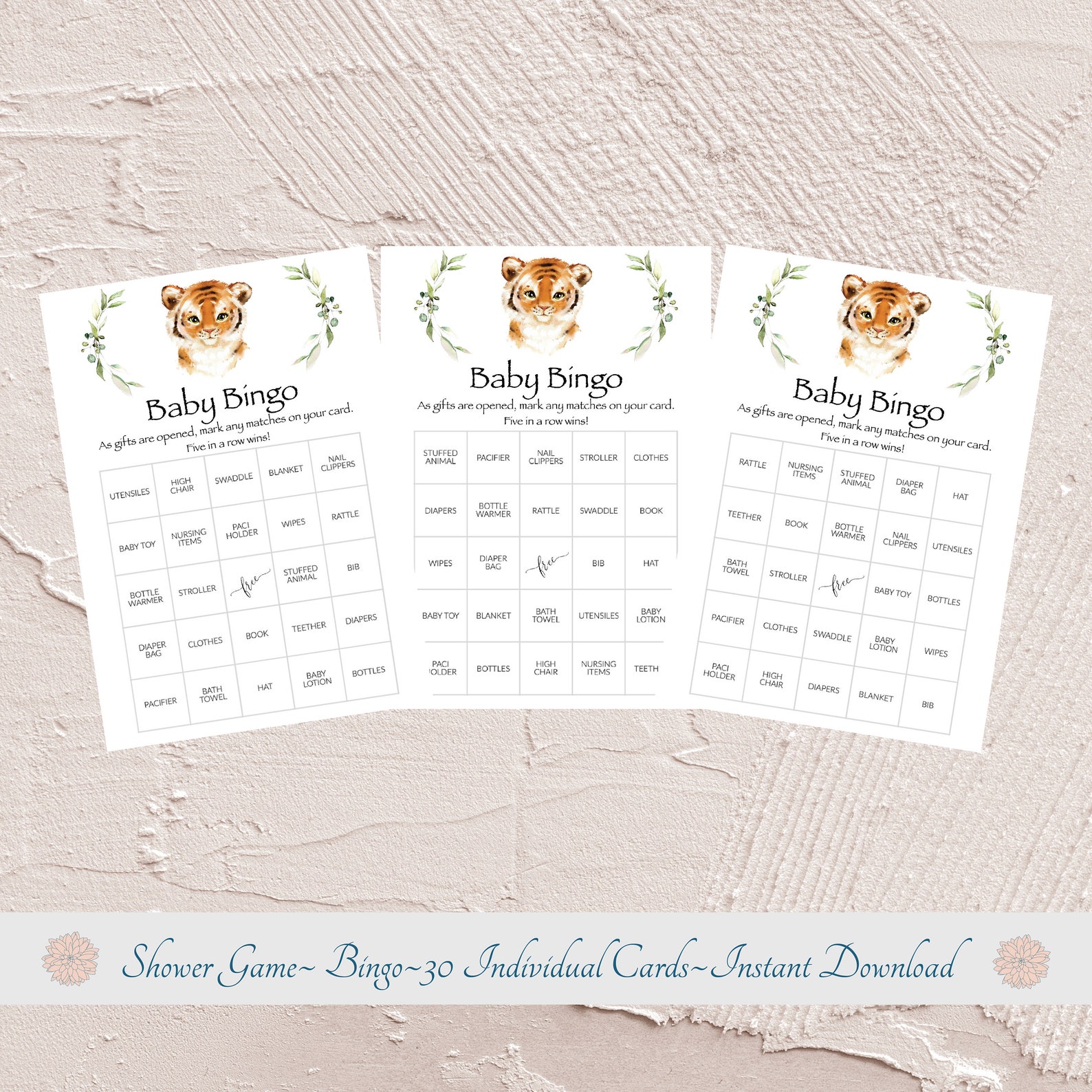 Jungle Baby Bingo, Tiger Printable Bingo Cards, Instant Download, Pre ...