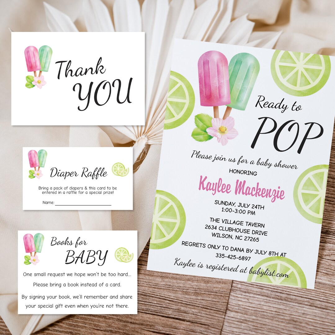 Girl Summer Baby Shower Invitation Bundle, Pink Popsicle Baby Shower ...