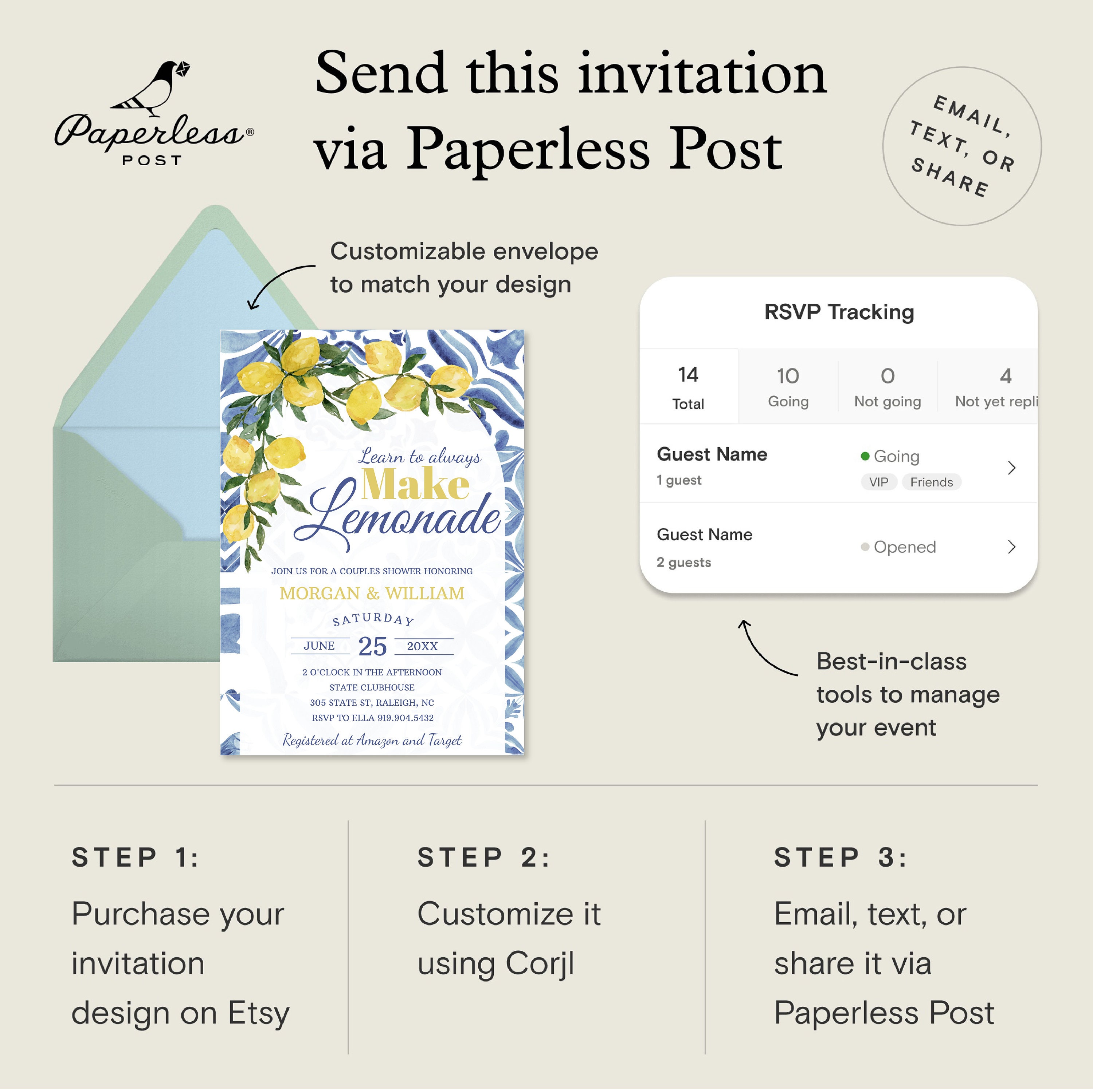 Blue Lemon Couples Wedding Shower Invitation, Mediterranean Lemon ...