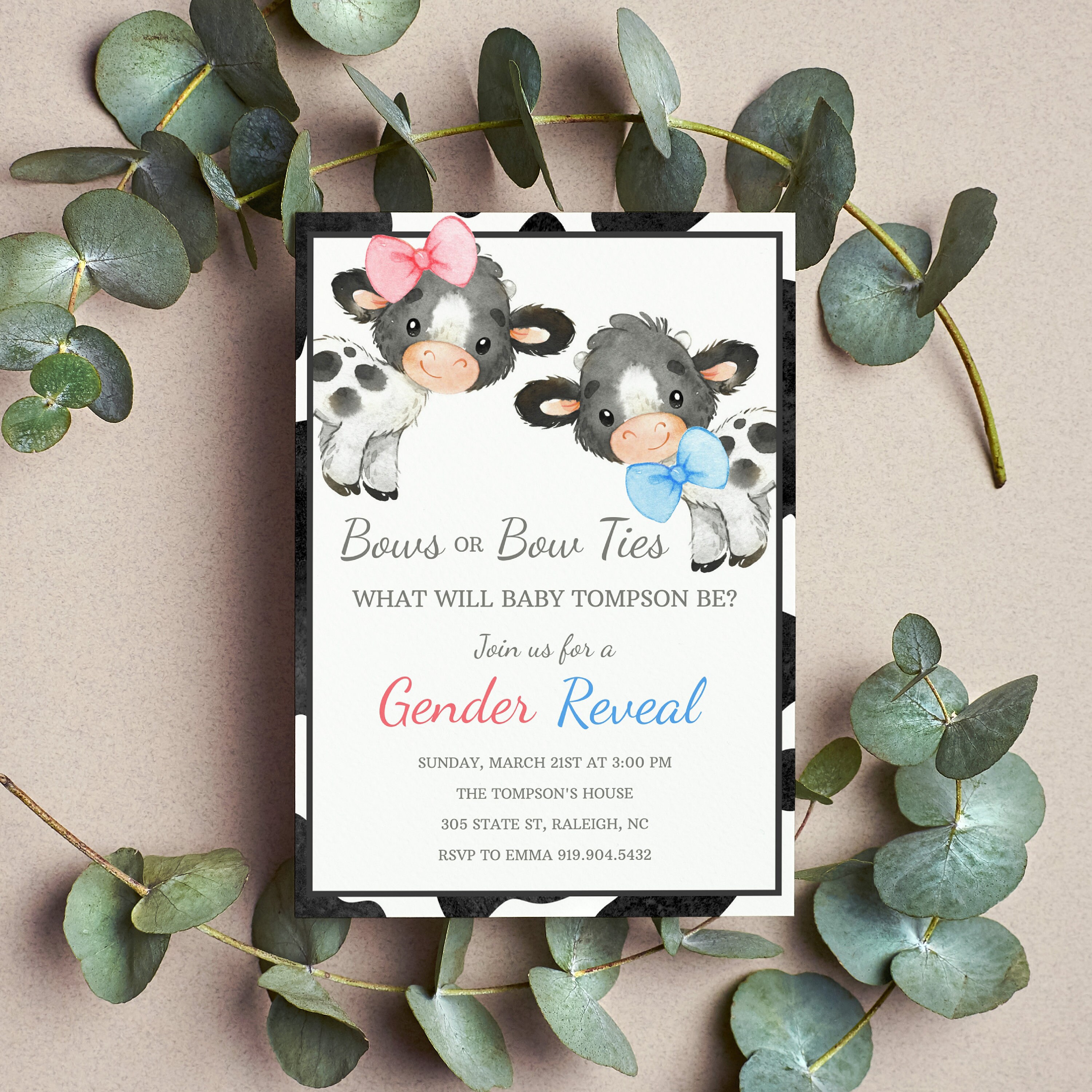 Cow Gender Reveal Invitation, Bows or Bowties Gender Reveal Invite ...