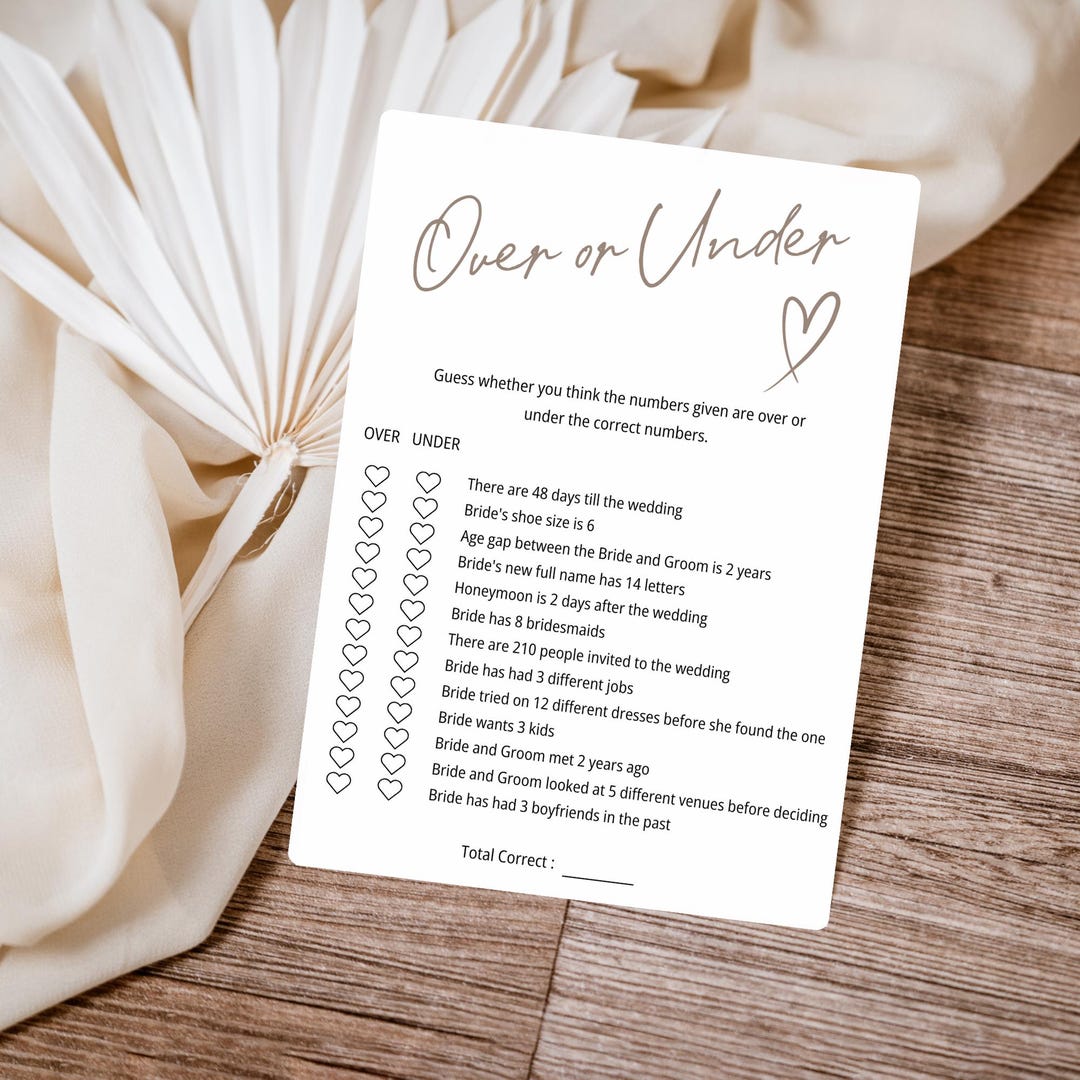 Over or Under Game Modern Bridal Shower Game Instant Download Fun ...
