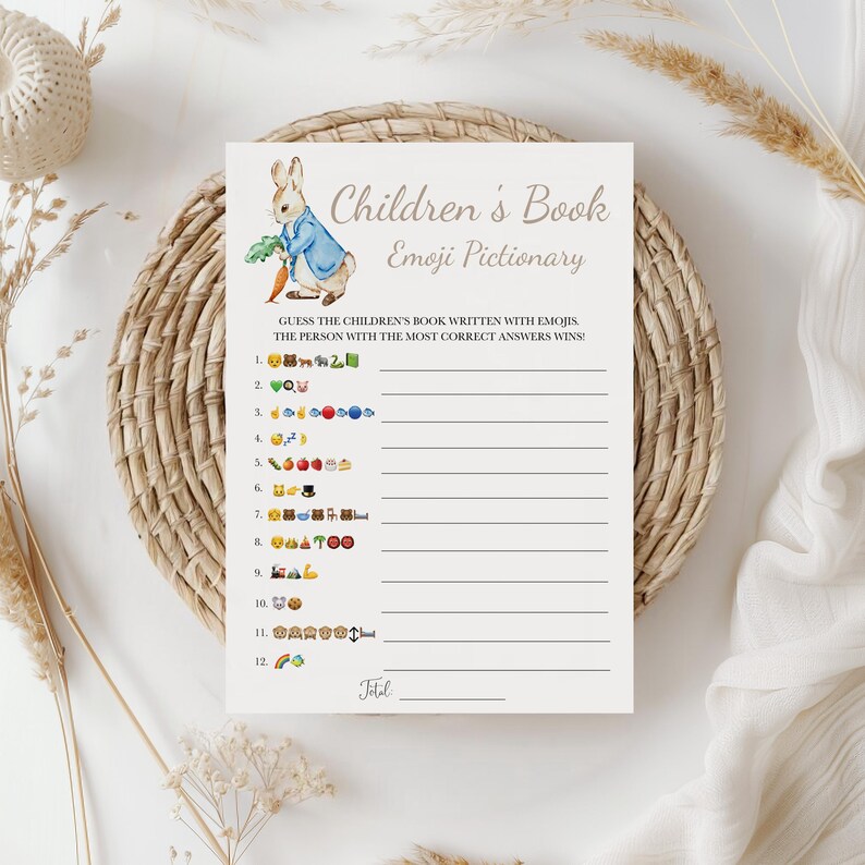 Peter Rabbit Emoji Pictionary Game Boy Rabbit Baby Shower Children's ...