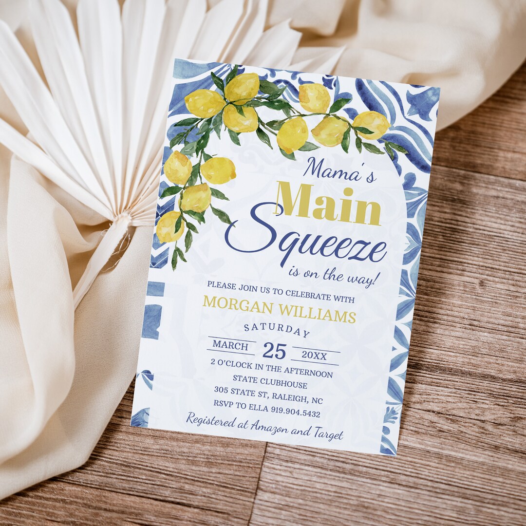 Blue Lemon Baby Shower Invitation, Mediterranean Lemon Baby Shower ...