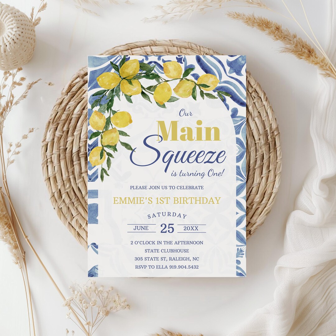 Lemon 1st Birthday Invitation Citrus Kids Birthday Invite Mediterranean ...