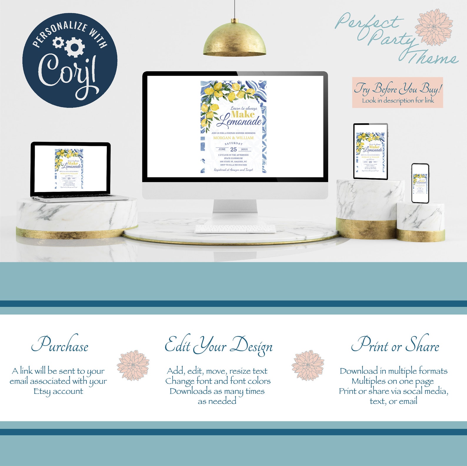 Blue Lemon Couples Wedding Shower Invitation, Mediterranean Lemon ...