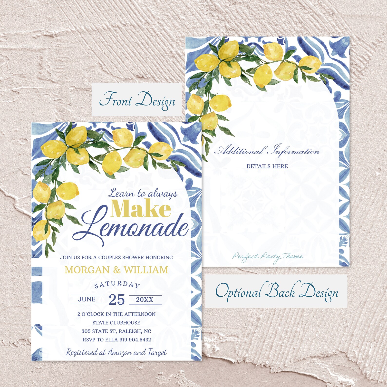 Blue Lemon Couples Wedding Shower Invitation, Mediterranean Lemon ...