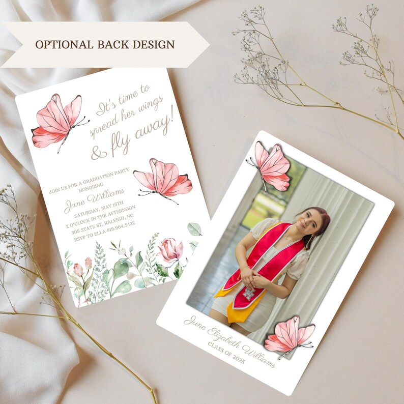 Butterfly Graduation Party Invitation Floral Graduate Invite Girl ...
