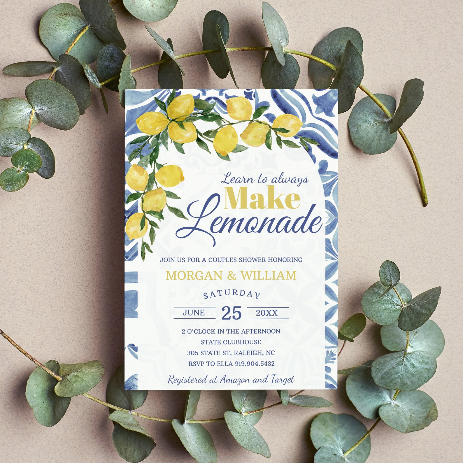 Blue Lemon Couples Wedding Shower Invitation, Mediterranean Lemon ...