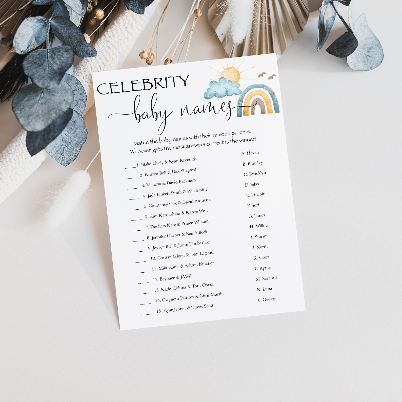 Celebrity Baby Name Game, Printable Sunshine and Rainbow Baby Shower ...