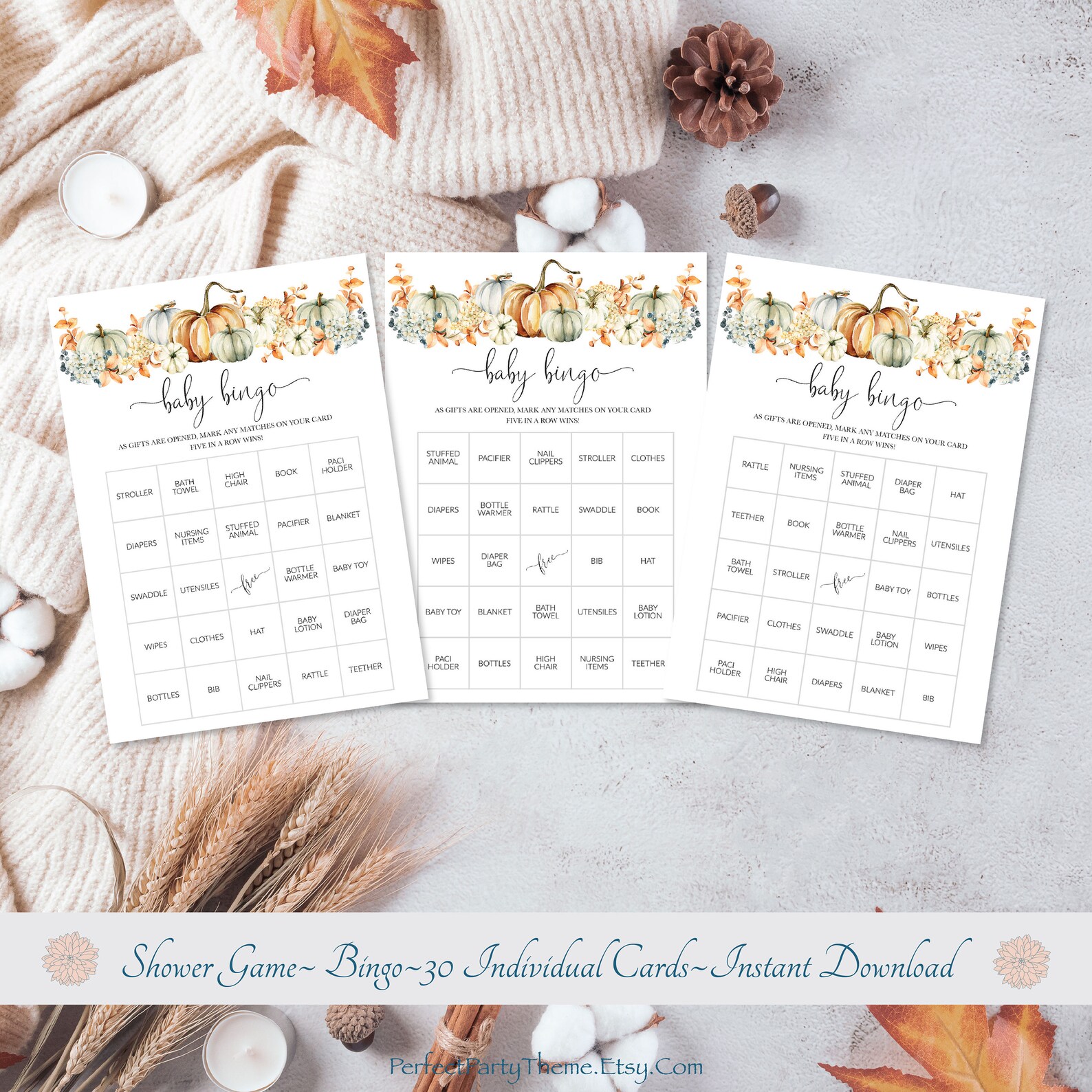 Baby Bingo, Fall Baby Shower, Pumpkins, Baby Shower Games, A Little ...