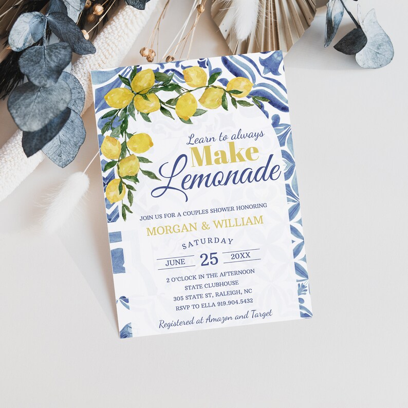Blue Lemon Couples Wedding Shower Invitation, Mediterranean Lemon ...