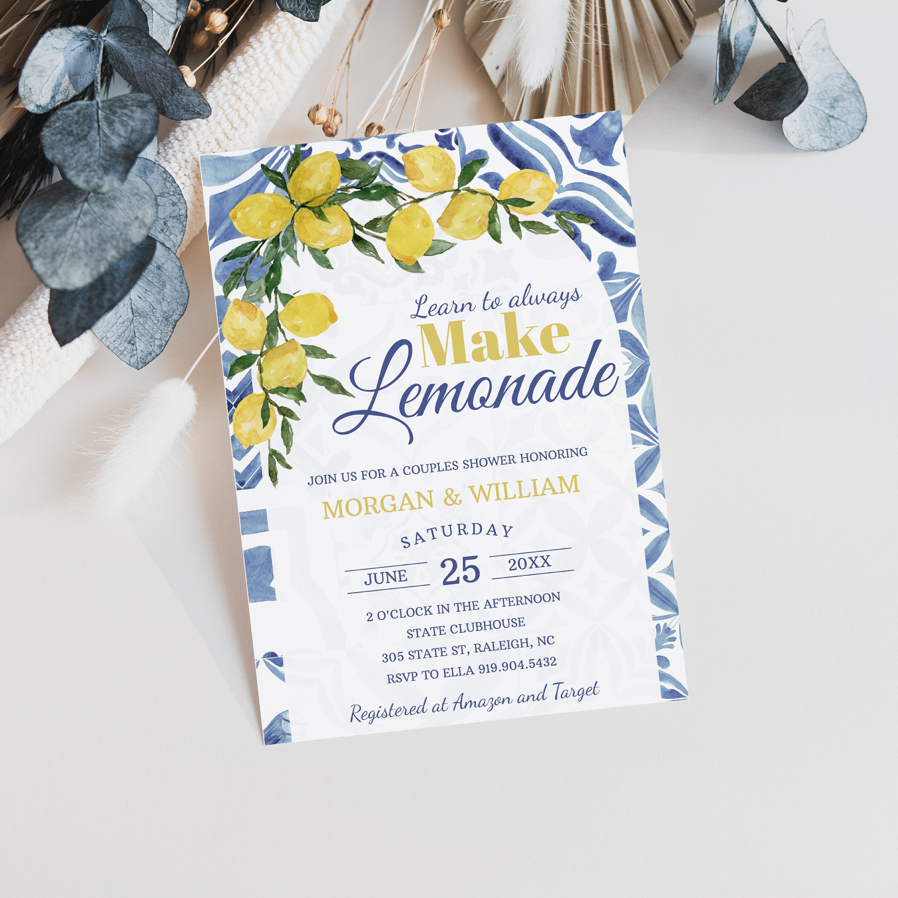 Blue Lemon Couples Wedding Shower Invitation, Mediterranean Lemon ...